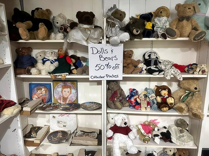 The teddy bear reunion you never knew you needed. These fuzzy friends and collector plates wait patiently for someone to bring them home.