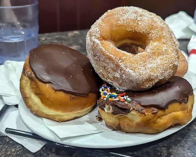 Donuts that would make Homer Simpson weep with joy – chocolate-glazed perfection and cinnamon-sugar simplicity on a humble paper plate.