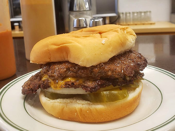 This double cheeseburger isn't trying to win a beauty pageant—it's too busy winning your heart with that perfect meat-to-cheese ratio.