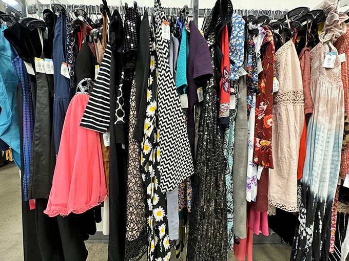 Pattern paradise! Each dress tells a different story, from daisy-covered sundresses to elegant evening wear waiting for its second dance.