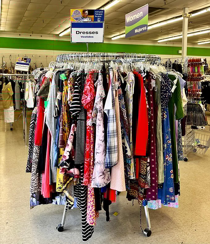 The dress carousel—a kaleidoscope of patterns and possibilities where that perfect outfit for your cousin's wedding might be hiding for under $10.