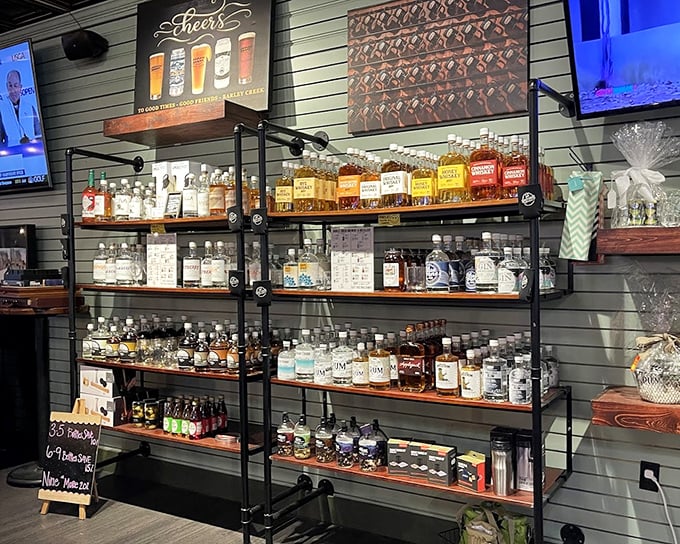 Liquid courage for the shopping-averse! This impressive spirits selection offers solace to those dragged along on bargain-hunting expeditions.