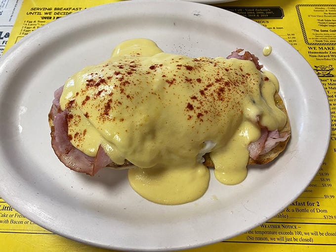 Eggs Benedict done right - silky hollandaise cascading over Canadian bacon like breakfast poetry in motion.