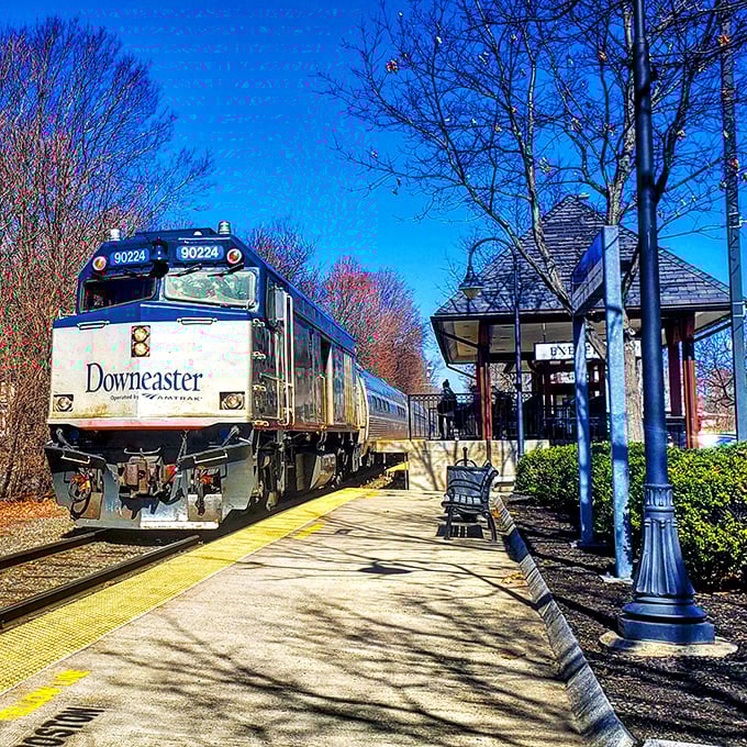 The Downeaster train pulls into Exeter Station, a Norman Rockwell painting come to life where modern convenience meets small-town nostalgia.