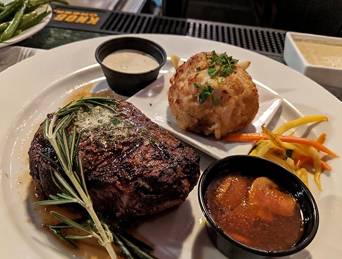 Behold the star attraction: a perfectly seared filet that makes you wonder if cows dream of such a noble end.