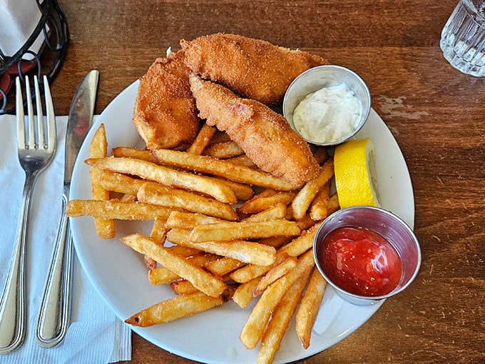 Golden-battered Alaskan cod and hand-cut fries – the kind of fish and chips that makes you temporarily forget all your problems.