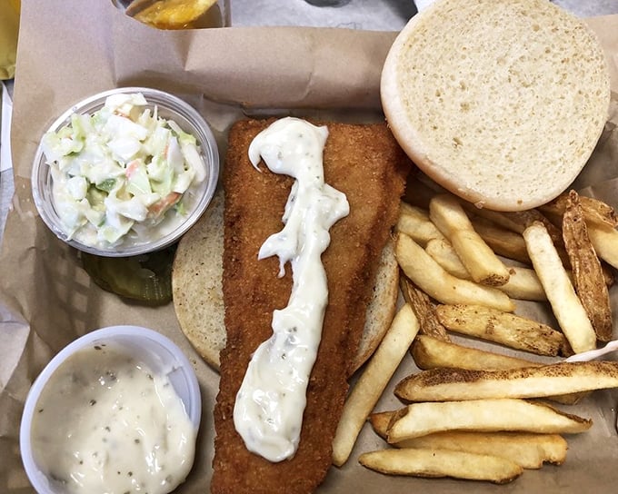 This fish sandwich isn't trying to impress food critics—it's trying to make you happy. Mission accomplished with that golden crust and fresh slaw.