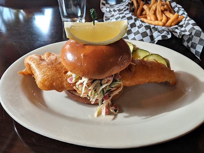 The star of the show: Papa's PBR Battered Fried Walleye Sandwich. That golden-brown crust makes a sound so satisfying, nearby diners will turn with envy.
