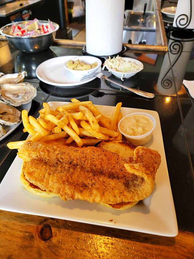 Golden-fried perfection meets French fry companionship. This fish sandwich doesn't need to brag—it lets the first bite do all the talking.