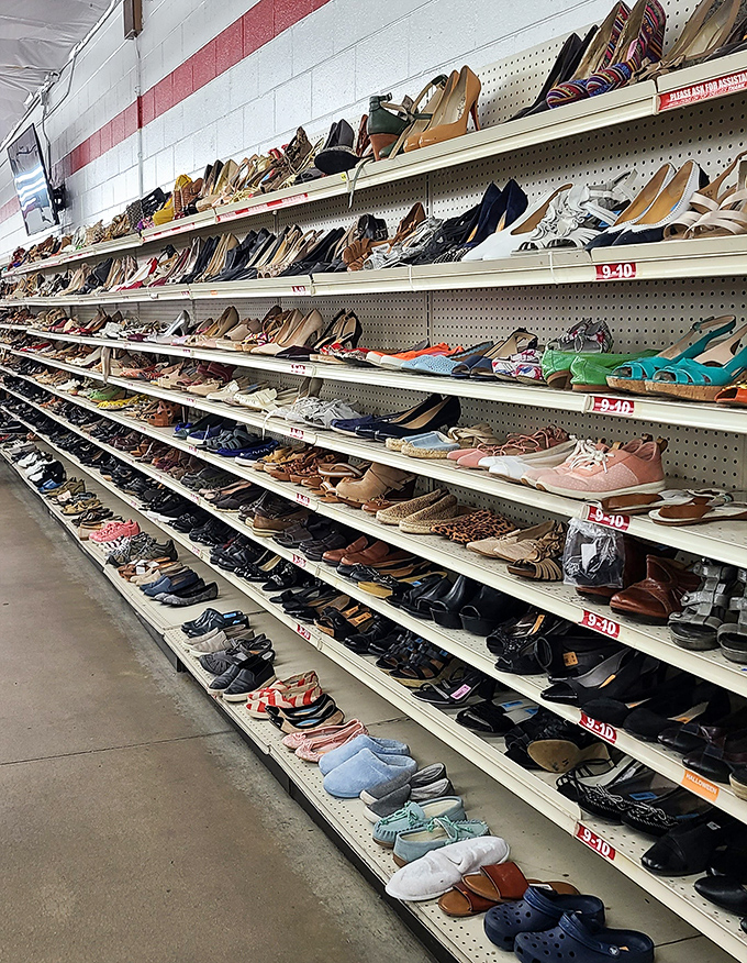 The Cinderella moment happens here – rows upon rows of footwear waiting for their perfect match.