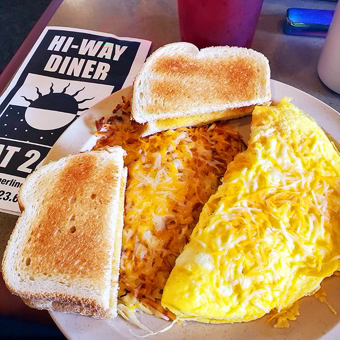 Breakfast perfection on a plate: a cheese omelet that's achieved that elusive fluffy-yet-substantial texture, paired with perfectly golden toast.
