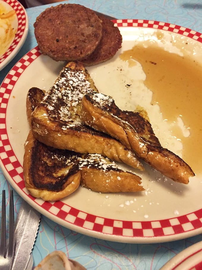 French toast that's achieved the perfect golden-brown exterior while maintaining that custardy interior. The maple syrup lake is for swimming.