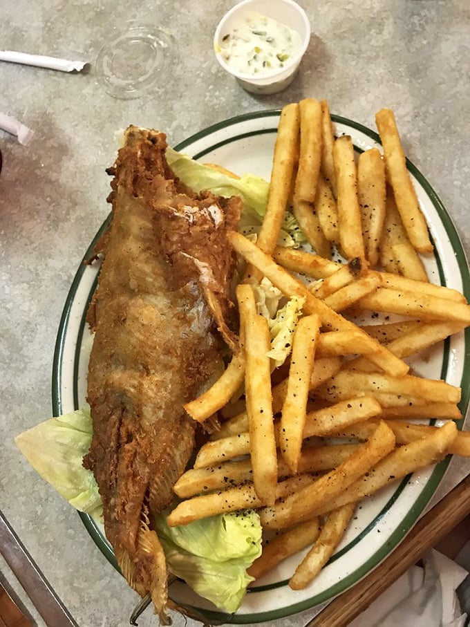 This isn't just fried catfish—it's a golden-brown masterpiece with a cornmeal crust that shatters with each bite, surrounded by fries that demand to be savored one by one.