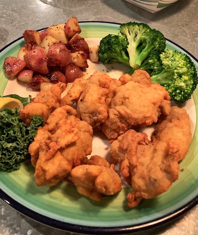Golden fried oysters arrive looking like treasures from the sea, crispy on the outside and tender where it counts most.