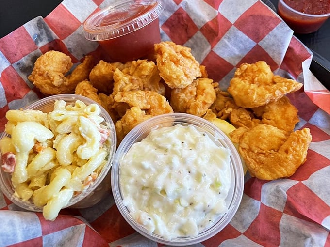 Golden-battered shrimp that crunch like nature's perfect potato chip, accompanied by sides that don't merely play supporting roles—they demand their own standing ovation.