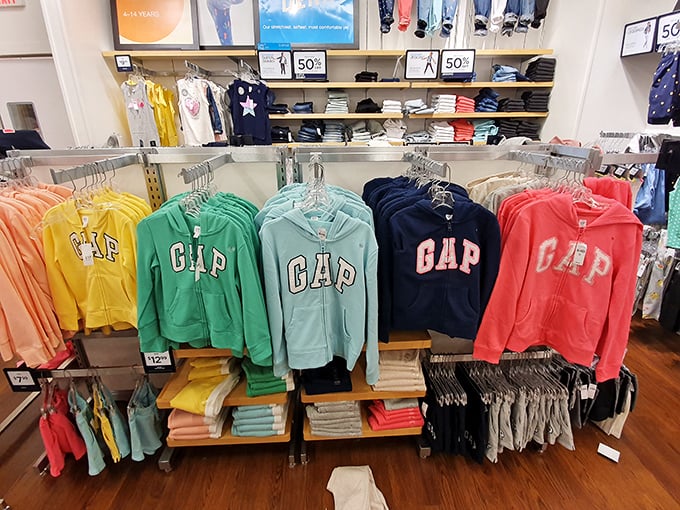 A rainbow of Gap hoodies awaits, promising the comfort of familiarity. The retail equivalent of mac and cheese – reliable, comforting, and always in style.