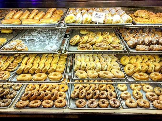 Trays of golden perfection await their destiny. Like a Renaissance painting of carbs, this display case is where donut dreams come true.