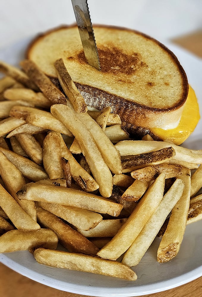 This isn't just a grilled cheese – it's a masterpiece of melted perfection flanked by golden fries, the kind that makes you wonder why you ever ate anything else.
