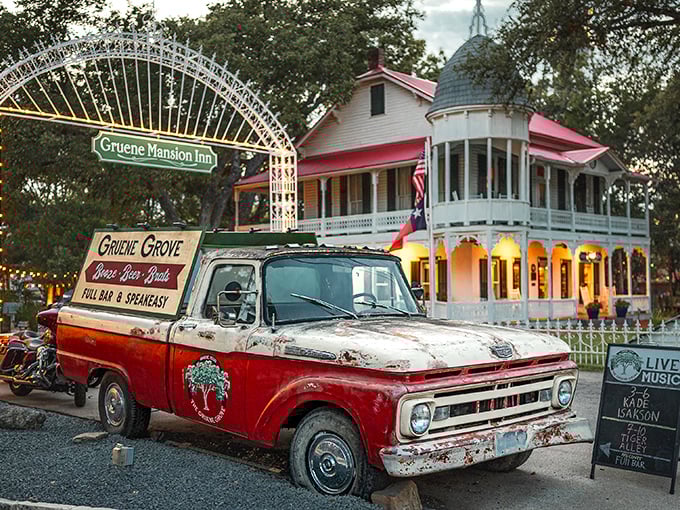 The Gruene Mansion Inn and that vintage truck create a scene so perfectly Texan, it could be a tourism poster come to life.