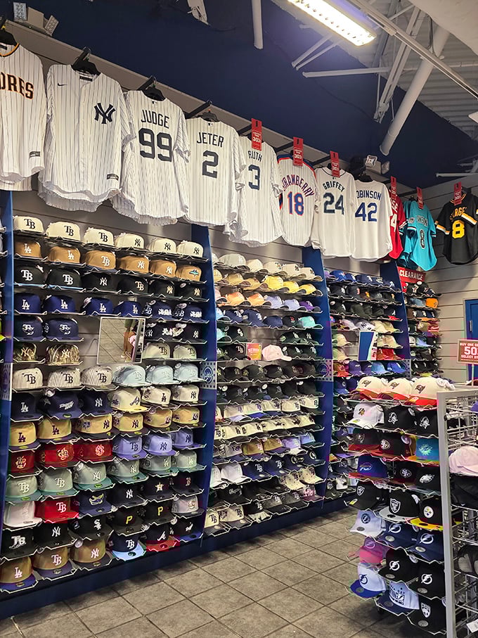 Baseball heaven for fans! Yankees, Mets, and Rays merchandise displayed with the reverence of sacred artifacts in this sports lover's paradise.