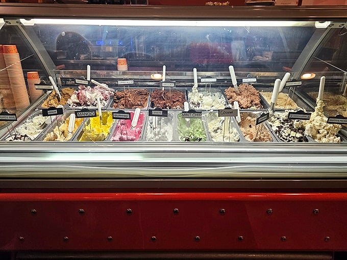 A gelato case that would make any sweet tooth contemplate moving to Lancaster permanently. Decision paralysis has never been so delicious.