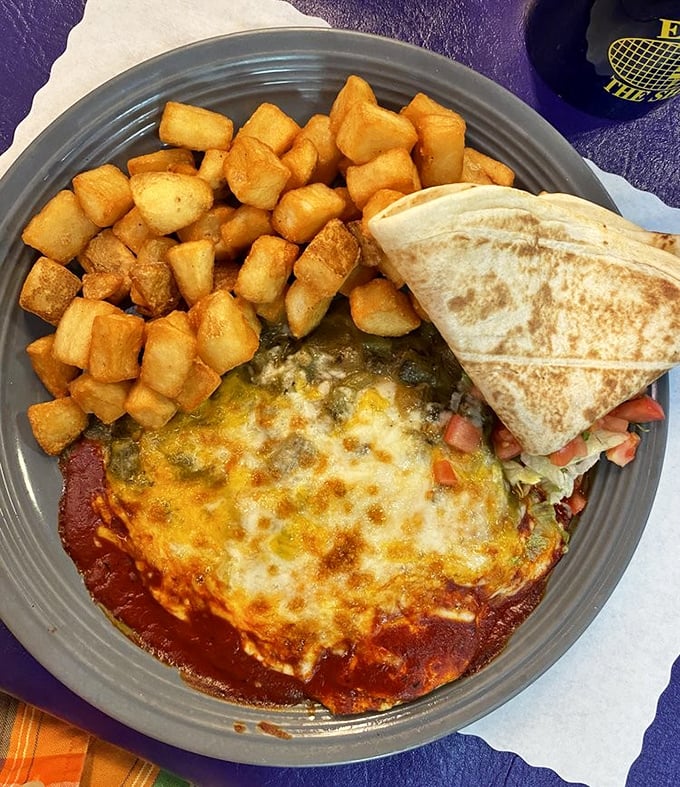 Christmas comes daily at The Shed with these huevos rancheros featuring both red and green chile sauces—Santa's favorite breakfast south of the North Pole.
