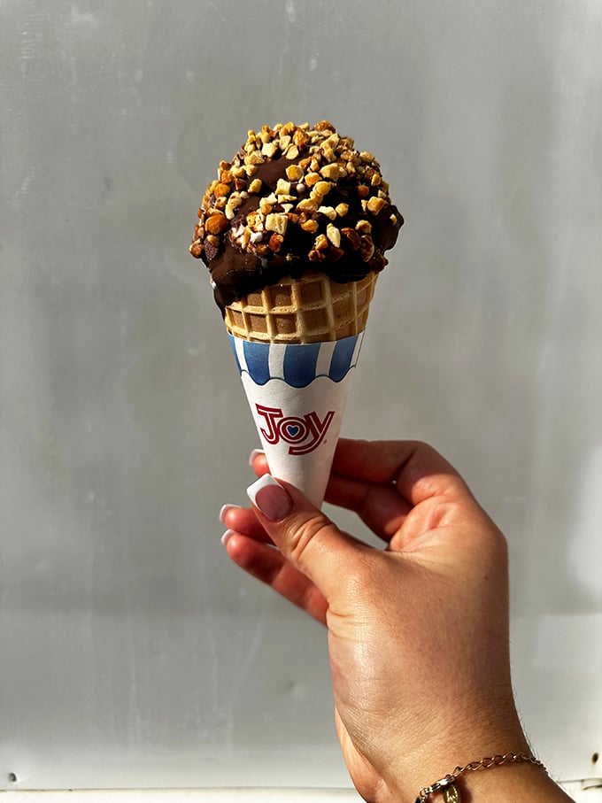 Not all heroes wear capes; some wear waffle cones. This chocolate masterpiece topped with toffee bits isn't just dessert—it's therapy in edible form.