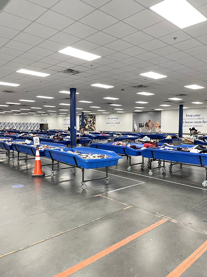 Blue bins as far as the eye can see – like an archaeological dig where instead of dinosaur bones, you might unearth vintage Levi's.
