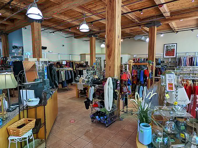Exposed wooden beams and thoughtful displays transform what could be retail chaos into a curated shopping experience worthy of a design magazine.
