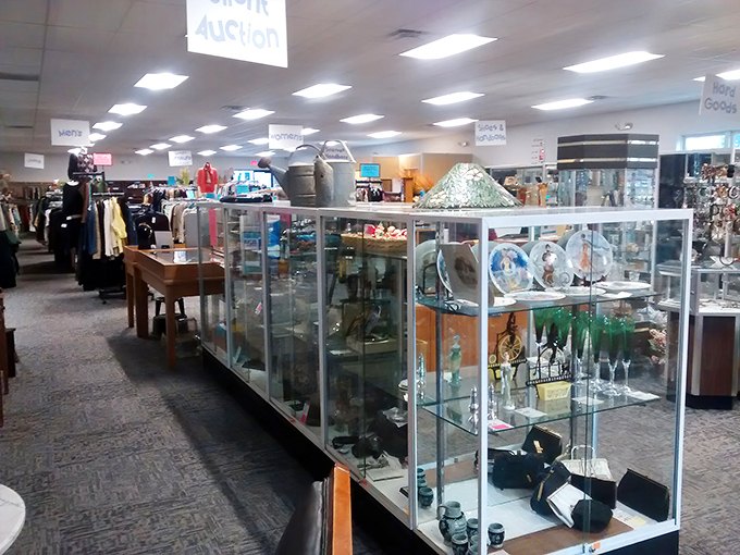Glass display cases showcase the finer finds, from vintage collectibles to jewelry that might just be the real deal.