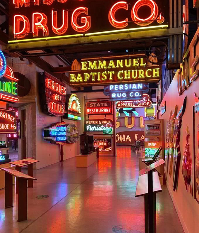 Neon heaven! This corridor glows with the ghosts of America's roadside past—from drug stores to churches to Persian rug dealers.