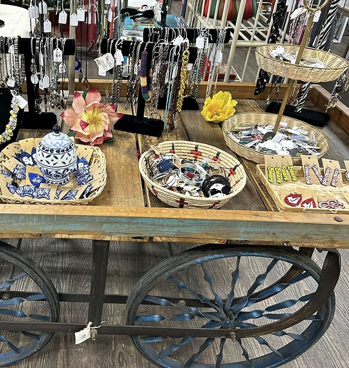 Jewelry displayed like archaeological treasures. That blue and white teapot might have served dignitaries in another life—now it could be yours!