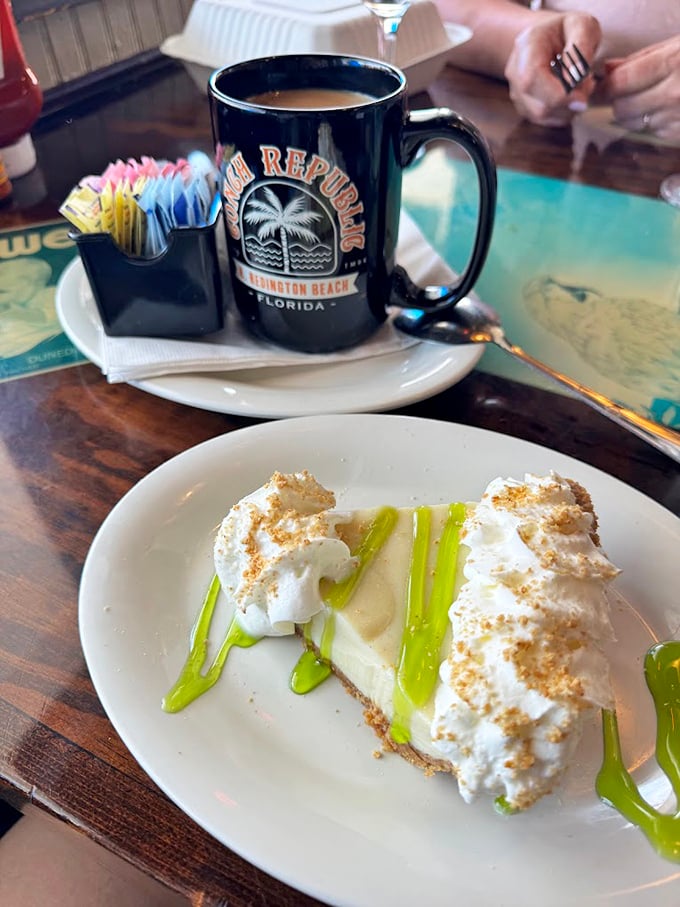 The star attraction: key lime pie with a perfect balance of tart and sweet, topped with whipped cream and a drizzle that says "vacation calories don't count."