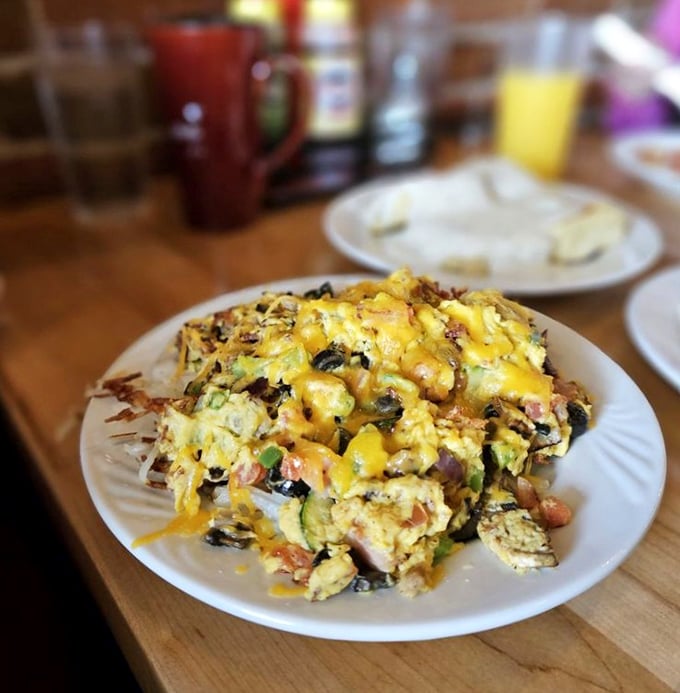 This isn't just an omelet—it's a colorful landscape of morning possibilities, where cheese cascades over a mountain of fresh ingredients.