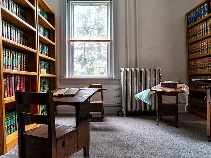 The seminary's library remains frozen in time, with vintage books lining wooden shelves – a bibliophile's dream or a ghost's personal collection?