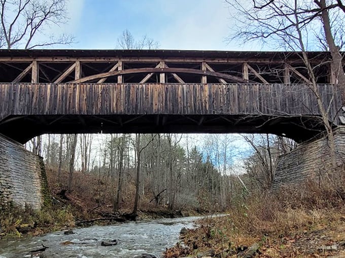 From below, the bridge commands respect—a testament to engineering without computers, just skilled hands and an understanding of wood's language.