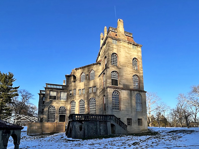 Winter transforms Fonthill into something from a Wes Anderson film—symmetrically framed yet delightfully off-kilter against the crisp blue sky.
