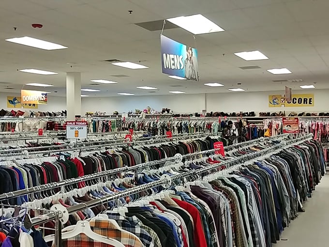 The men's department stretches like a textile ocean – where that perfect flannel shirt or vintage concert tee is waiting to join your wardrobe rotation.