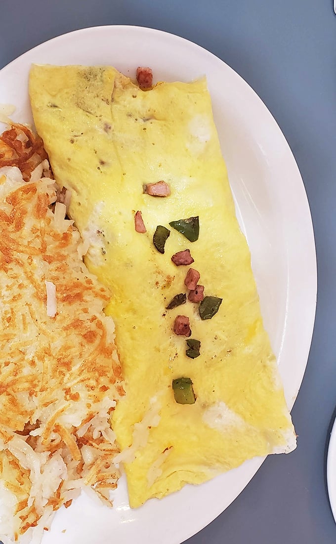Behold the Western omelet in its natural habitat—perfectly folded, generously stuffed, and flanked by hash browns that mean business.