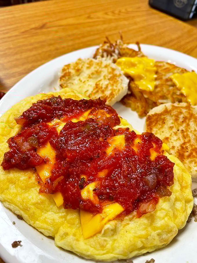 Behold the omelet in its natural habitat—perfectly folded, generously stuffed, and topped with what appears to be a salsa-cheese combination that dreams are made of.