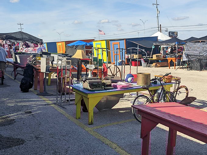 Colorful tables loaded with vintage treasures create an obstacle course of nostalgia—that typewriter might have written the Great American Novel.