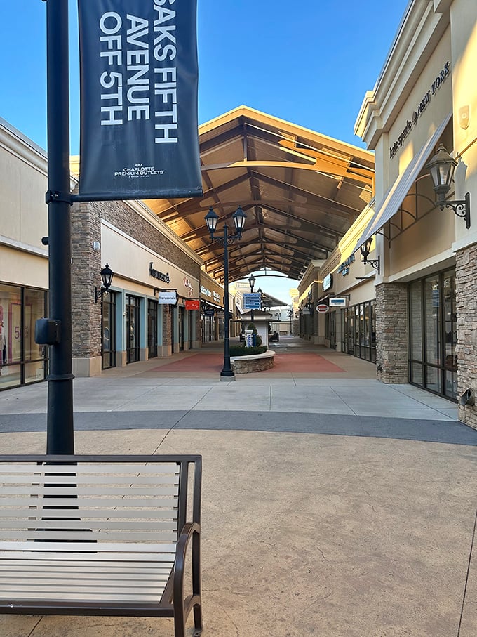 Covered walkways that feel like runways—protecting both your new purchases and your hairstyle from unexpected Carolina weather.
