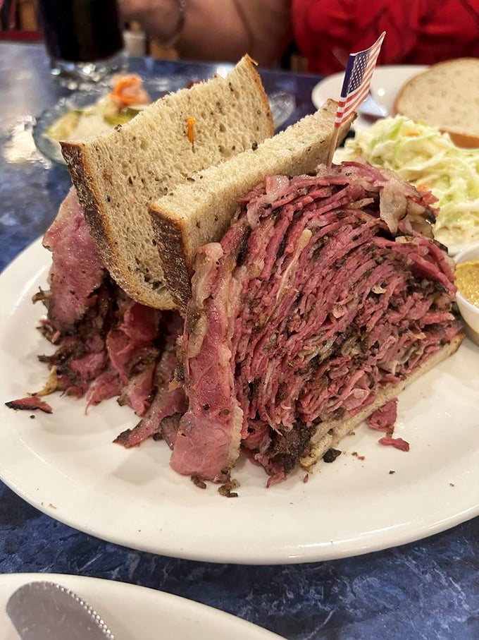 Behold the pastrami mountain! This architectural marvel of cured meat would make the ancient Egyptians rethink their pyramid design priorities.