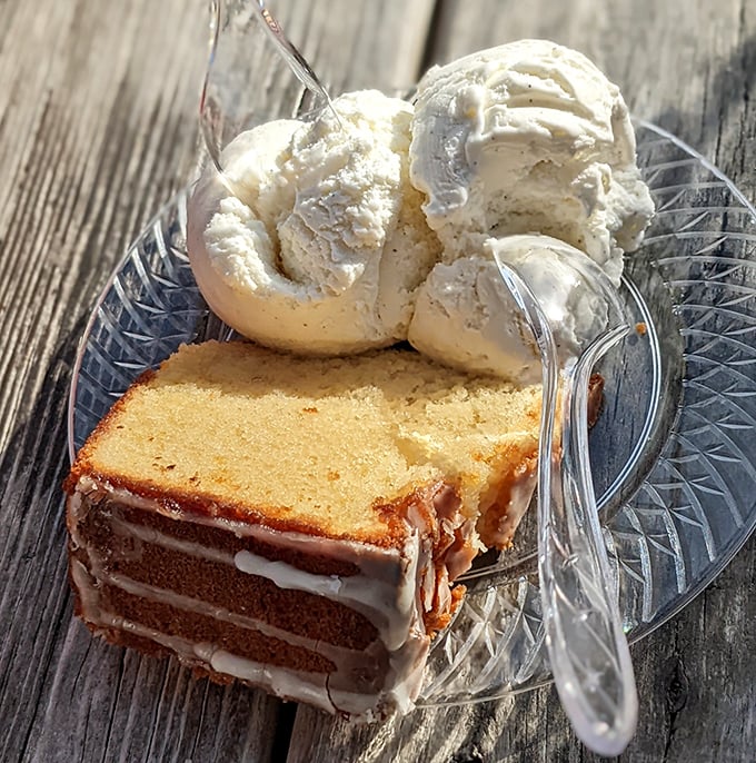 The star attraction: grilled pound cake with vanilla ice cream. Whoever first thought to grill cake deserves a Nobel Prize in Deliciousness.