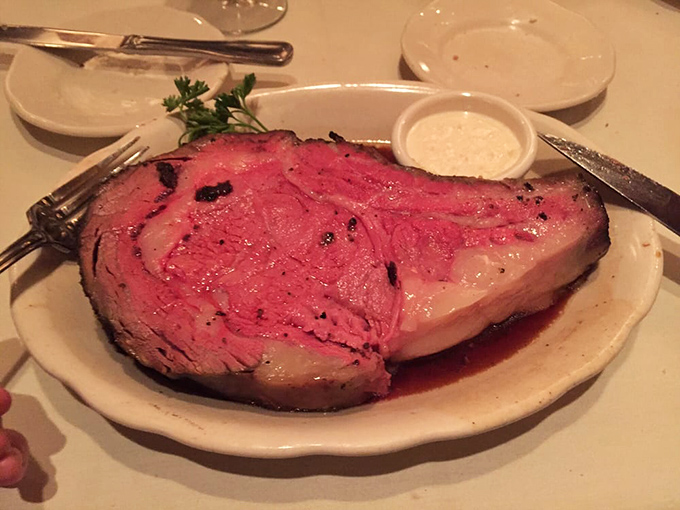 Behold the star attraction: prime rib so perfectly pink it should have its own Instagram account. That horseradish sauce is standing by for duty.