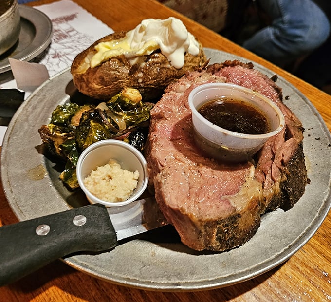 Prime rib that doesn't just melt in your mouth—it tells a story. Perfectly pink, perfectly seasoned, and perfectly accompanied by that glorious au jus.