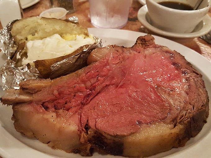 Behold the star of the show – prime rib so perfectly pink it should have its own Instagram account and talent agent.