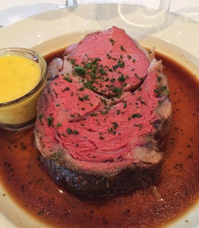 Prime rib so perfectly pink it could make a vegetarian question their life choices—served with horseradish sauce that clears sinuses you didn't know you had.
