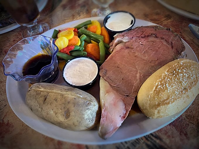 Prime rib so perfectly pink it should have its own Instagram account. The plate practically whispers, "Take your time with me."