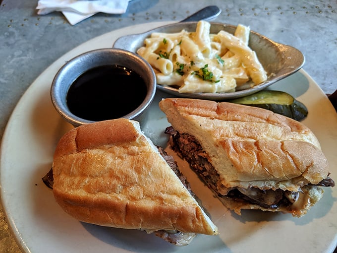 The prime rib sandwich isn't just a meal, it's a revelation—tender, smoky beef paired with creamy mac and cheese that'll haunt your dreams.